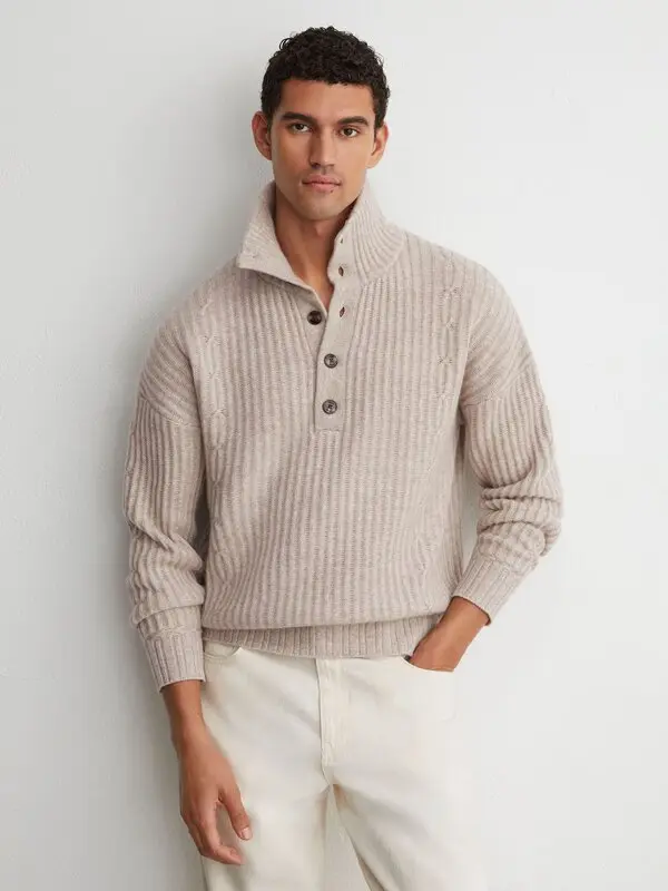 REISS Marske 100% Cashmere Rib-knit Half-button Jumper
