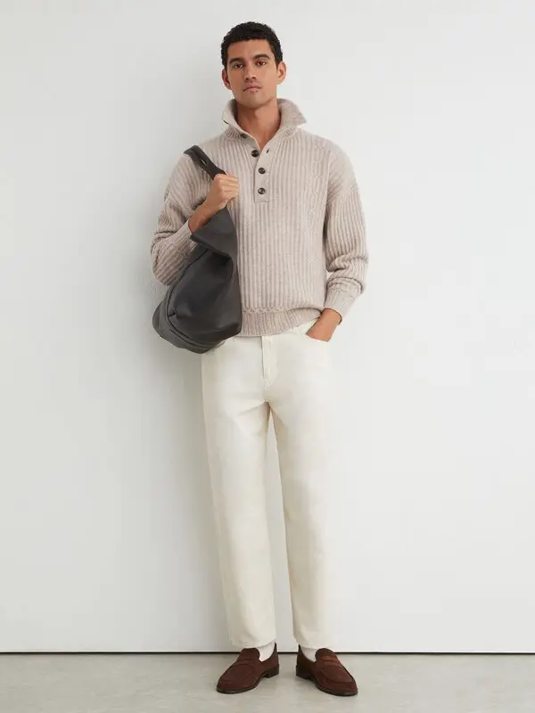 REISS Marske 100% Cashmere Rib-knit Half-button Jumper