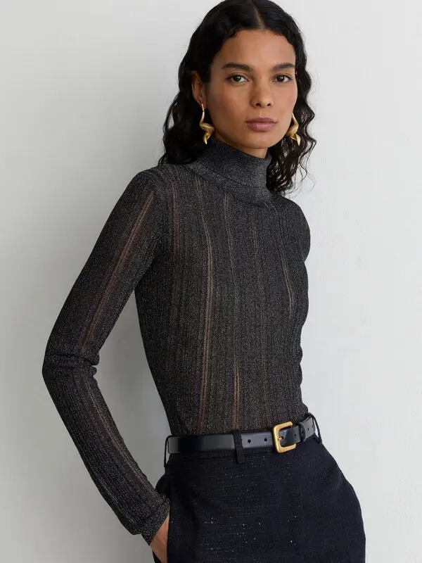 REISS Sutton Metallic Open-knit Roll-neck Top