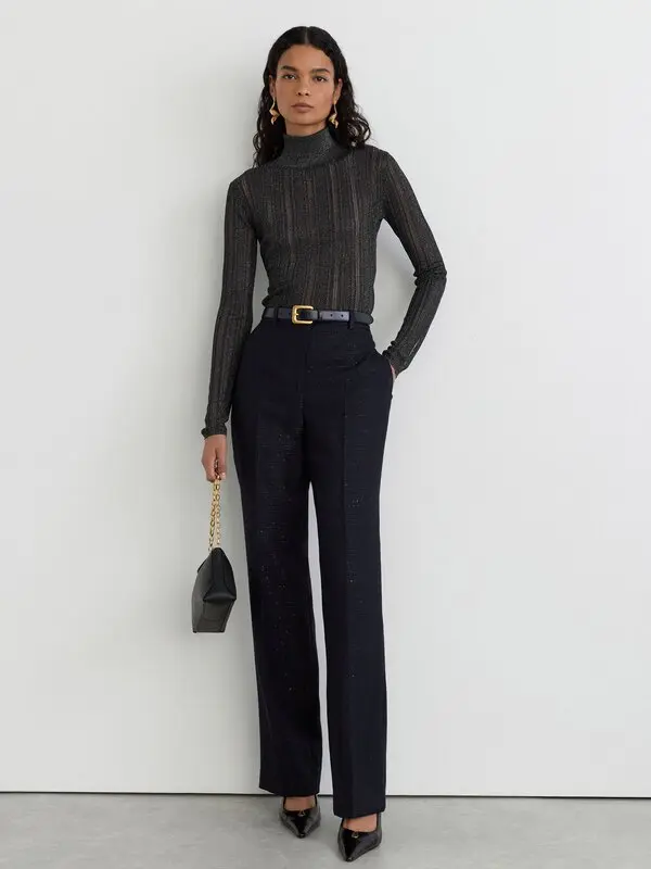 REISS Sutton Metallic Open-knit Roll-neck Top