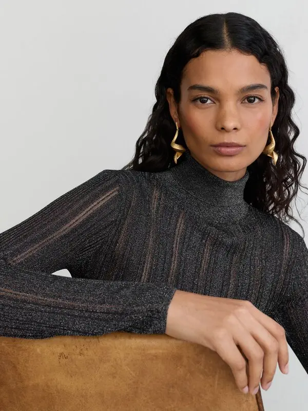 REISS Sutton Metallic Open-knit Roll-neck Top