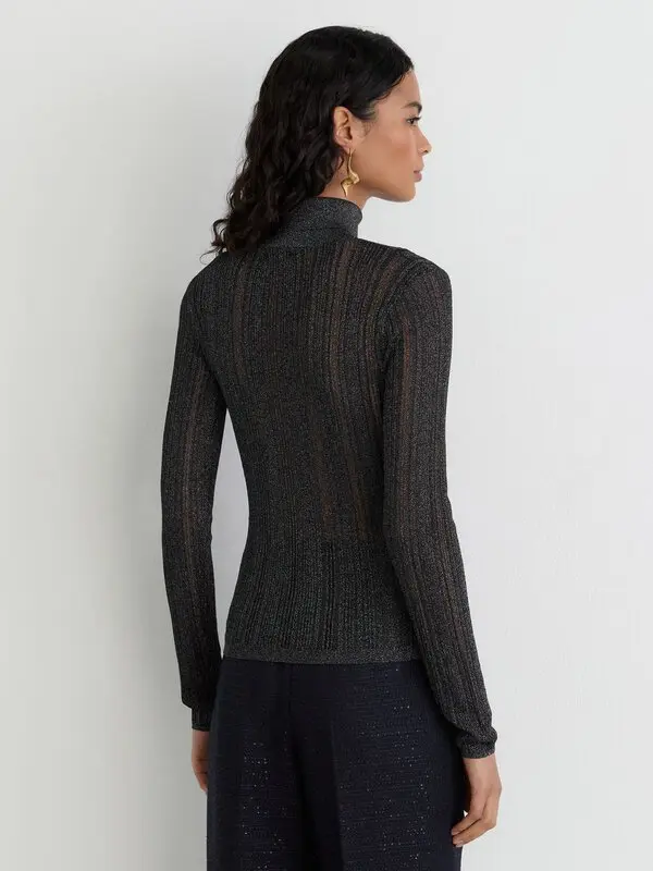 REISS Sutton Metallic Open-knit Roll-neck Top