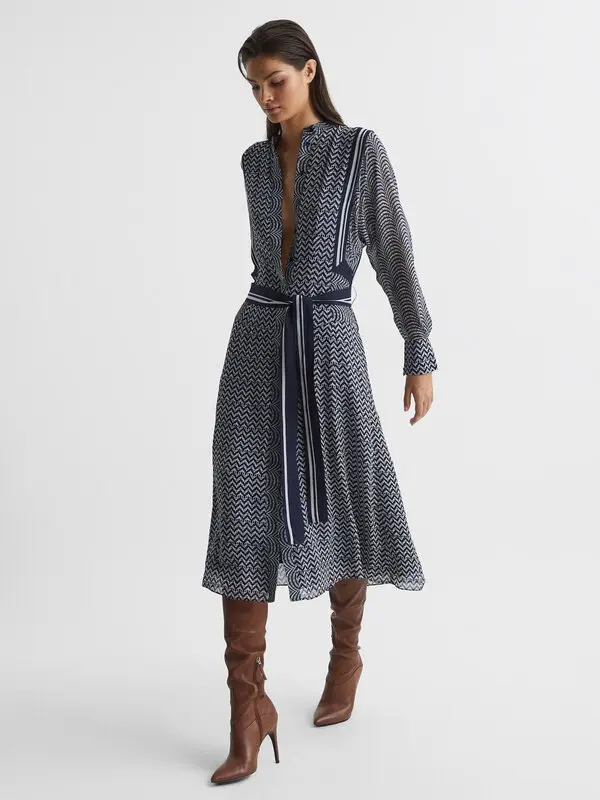 REISS Tanya Petite Mixed Print Midi Dress - Navy
