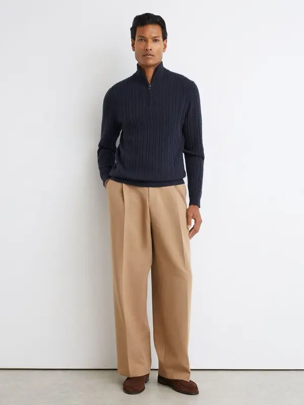 REISS Howard Cashmere Cable-knit Half-zip Jumper - Navy