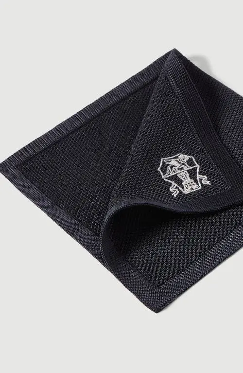 Brunello Cucinelli Silk Knit Pocket Square With Embroidered Logo - Navy Blue