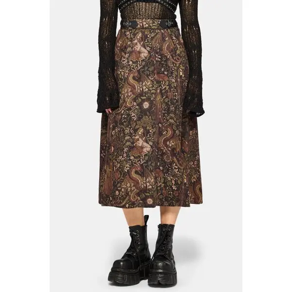 DISTURBIA Haunt Medieval Print Buckle Midi Skirt