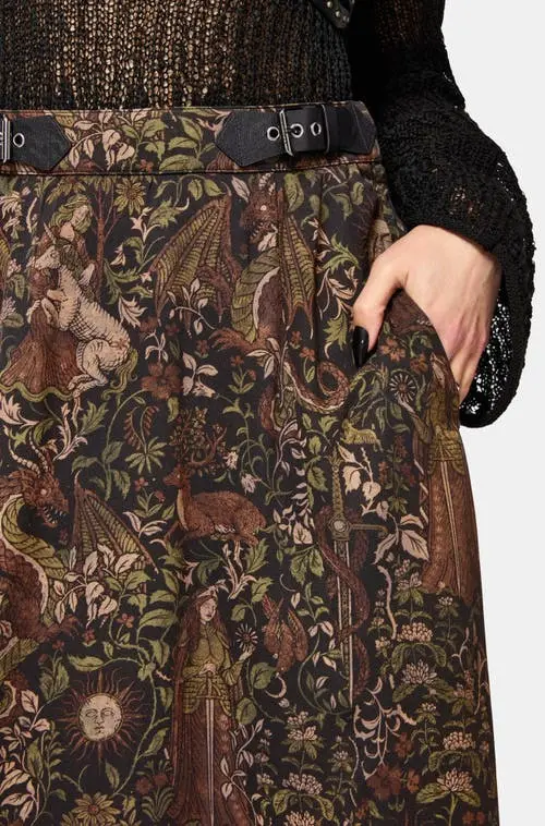 DISTURBIA Haunt Medieval Print Buckle Midi Skirt