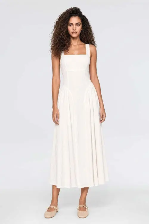 MONLICIA Mel Square Neck Pleated Viscose Midi Dress - Ivory