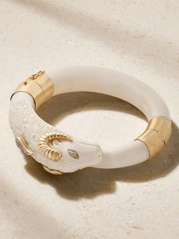 ELEUTERI Vintage 1970s Ram's Head 18-karat Bone And Diamond Bangle