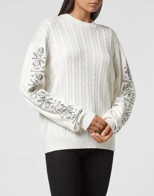 Philipp Plein Cash Five Pullover Round Neck Ls Cable Crystal Skull