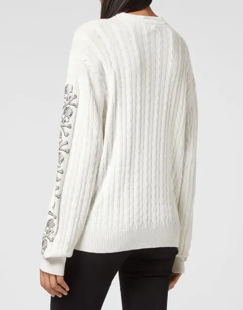 Philipp Plein Cash Five Pullover Round Neck Ls Cable Crystal Skull