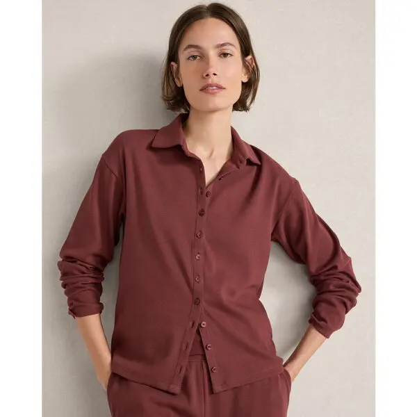 HAVEN WELL WITHIN Organic Cotton Rib Knit Front Button Shirt - Garnet
