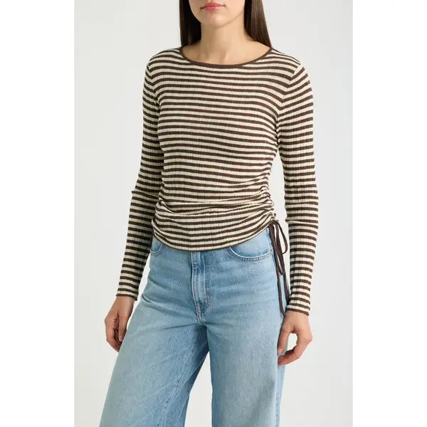 24COLOURS Stripe Drawstring Ruched Rib Top - Brown