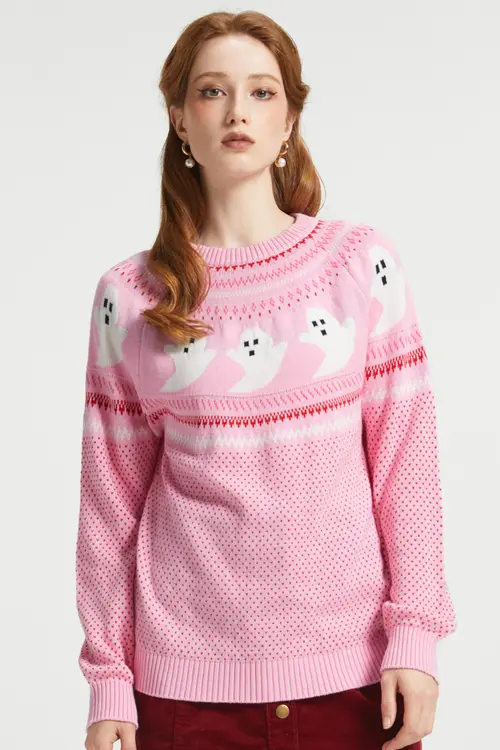 MODCLOTH You've Been Ghosted Fair Isle Halloween Sweater - Pink