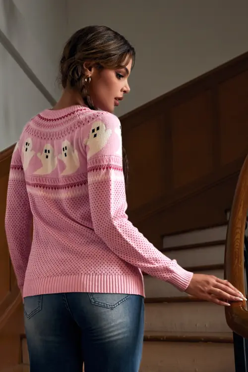 MODCLOTH You've Been Ghosted Fair Isle Halloween Sweater - Pink