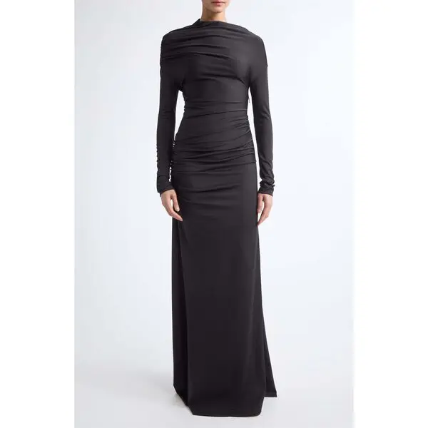 Victoria Beckham Draped Long Sleeve Column Gown - Black