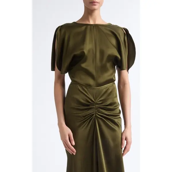 Victoria Beckham Bela Flutter Sleeve Satin Top - Marsh Green