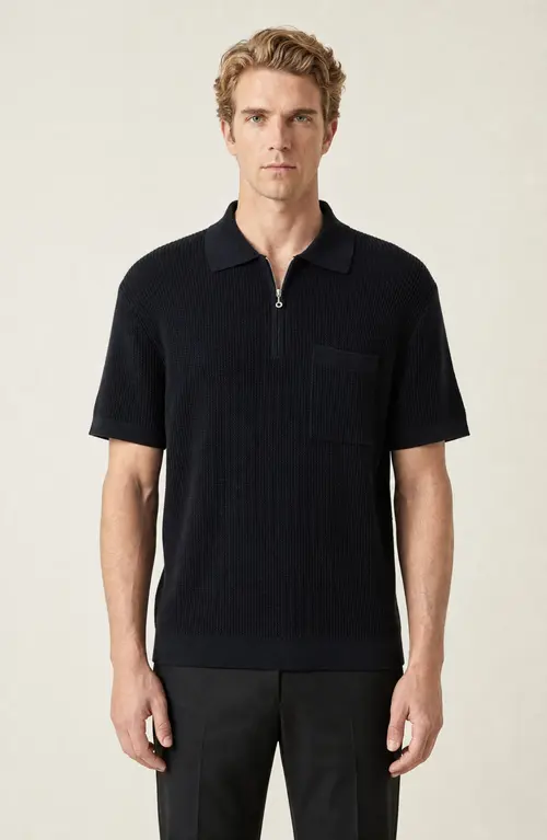 MODENAIRE Textured Knit Short Sleeve Quarter Zip Polo Shirt