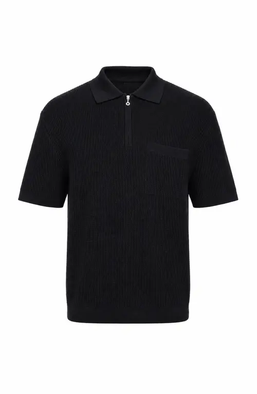 MODENAIRE Textured Knit Short Sleeve Quarter Zip Polo Shirt