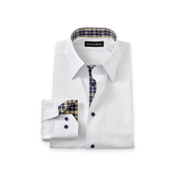 PAUL FREDRICK Cotton Spandex Point Collar Pinpoint Slim Contrast Trim Button Cuff Long Sleeve Shirt - White Multi