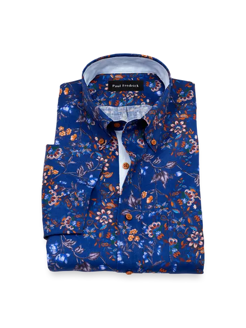 PAUL FREDRICK Linen Buttondown Collar Poplin Slim Contrast Trim Hemmed Sleeve Short Sleeve Shirt - Cobalt