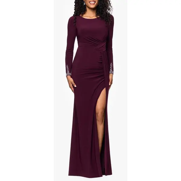 Betsy & Adam Embellished Cuff Ruched Long Sleeve Sheath Gown