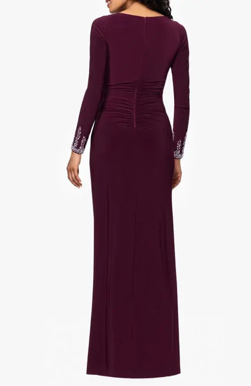 Betsy & Adam Embellished Cuff Ruched Long Sleeve Sheath Gown