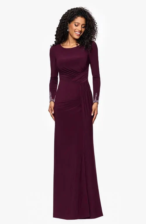 Betsy & Adam Embellished Cuff Ruched Long Sleeve Sheath Gown