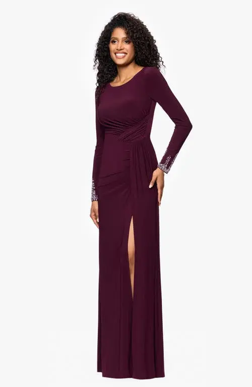 Betsy & Adam Embellished Cuff Ruched Long Sleeve Sheath Gown