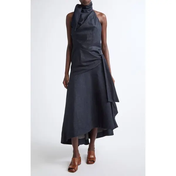 Zimmermann Valiant Draped Denim Halter Dress - Night Sky