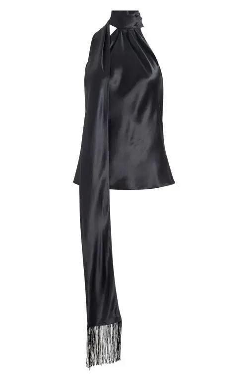 REFORMATION Sabi Scarf Fringe Sleeveless Silk Top - Black