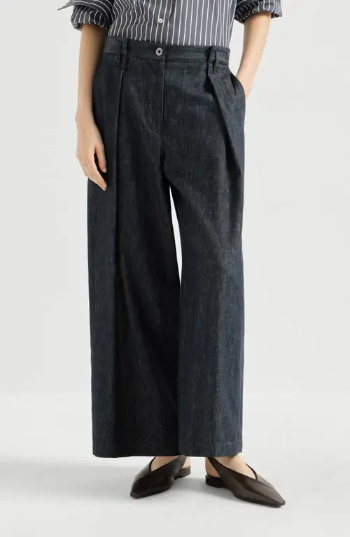 Brunello Cucinelli Effect Twill Pleated A-line Trousers With Shiny Loop