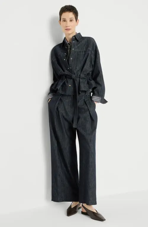 Brunello Cucinelli Effect Twill Pleated A-line Trousers With Shiny Loop