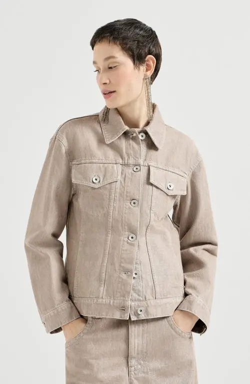 Brunello Cucinelli Beige Lamé Denim Four-pocket Outerwear Jacket With Monili