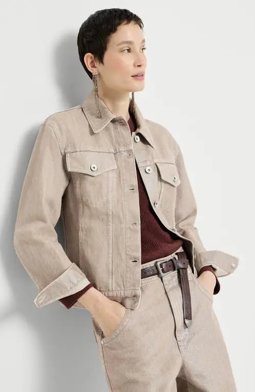 Brunello Cucinelli Beige Lamé Denim Four-pocket Outerwear Jacket With Monili