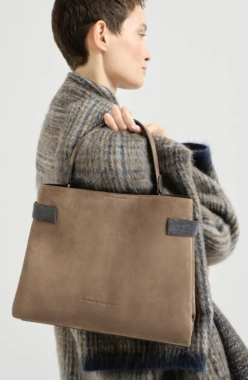 Brunello Cucinelli Essence Top-handle Bag In Suede With Precious Bands