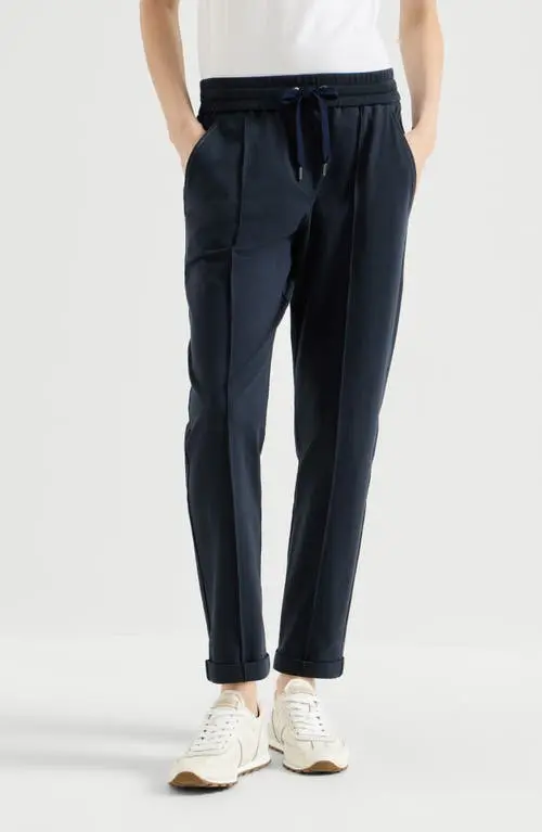 Brunello Cucinelli Stretch Cotton Lightweight French Terry Track Trousers With Monili - Blue