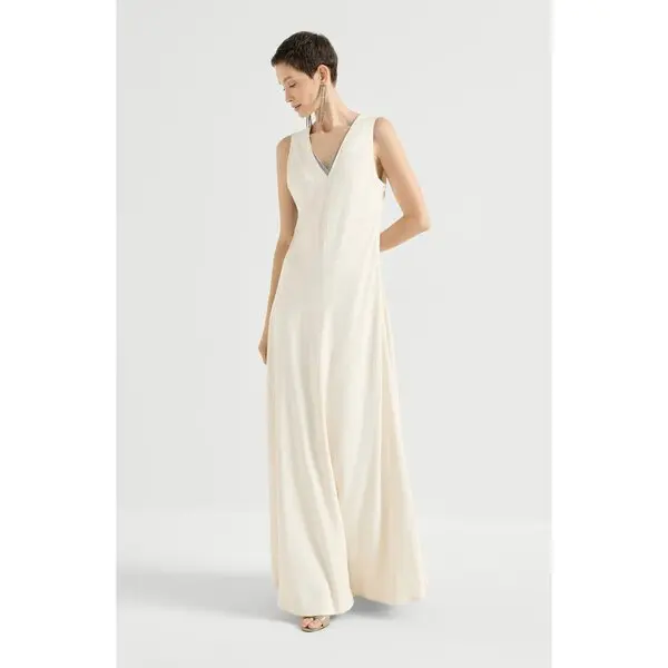 Brunello Cucinelli Silk And Acetate Crêpe Cady Fluid Dress With Precious Neckline - Chalk