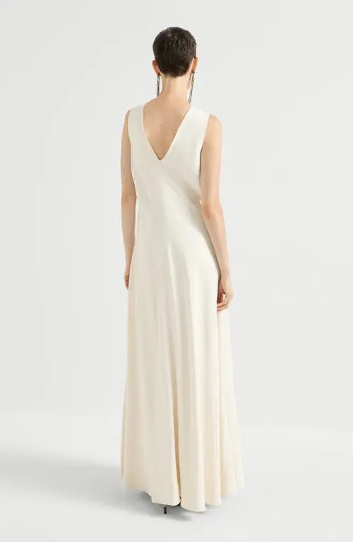 Brunello Cucinelli Silk And Acetate Crêpe Cady Fluid Dress With Precious Neckline - Chalk