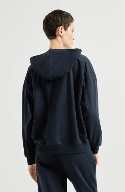 Brunello Cucinelli Stretch Cotton Lightweight French Terry Hooded Sweatshirt With Zipper And Shiny Trims - Blue