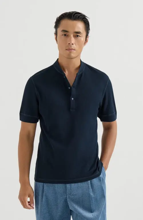 Brunello Cucinelli Cotton Waffle Jersey T-shirt With Henley Collar - Cobalt