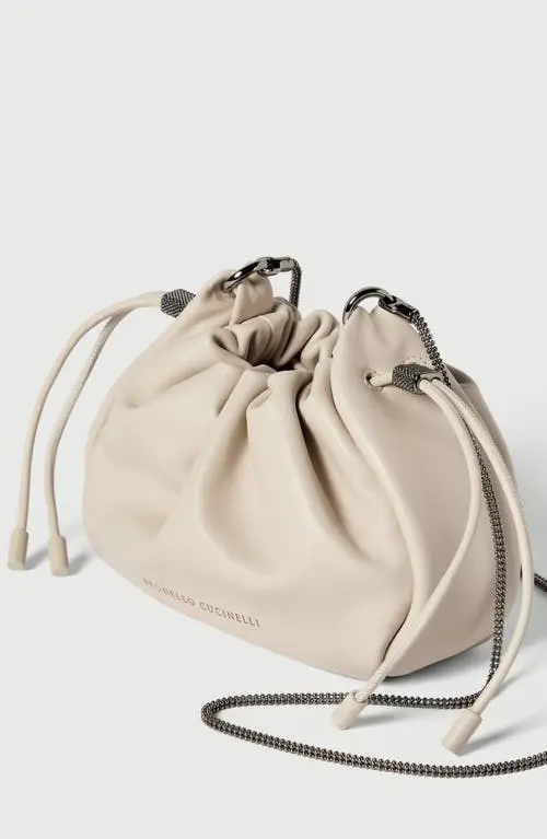 Brunello Cucinelli Mellow Mini Bucket Bag In Soft Leather With Precious Chain