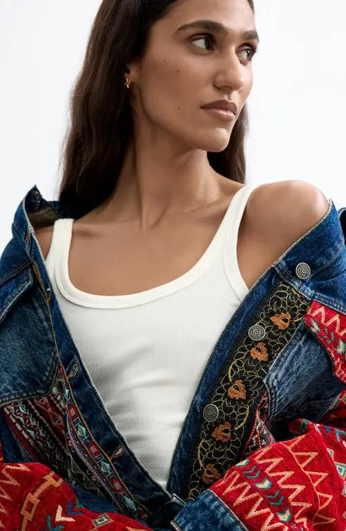 Desigual Mixed Pattern Embroidered Denim Jacket