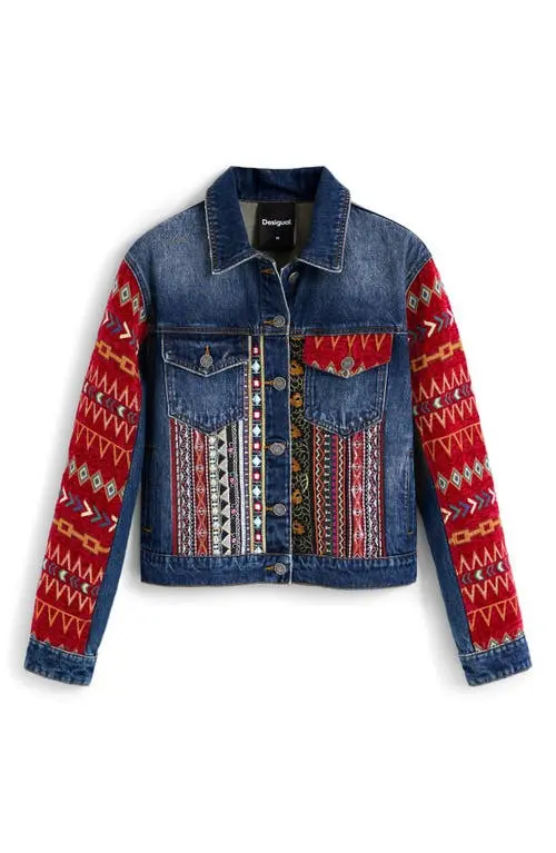Desigual Mixed Pattern Embroidered Denim Jacket