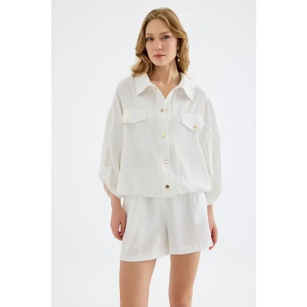 MONLICIA Aurelia Gold Button Relaxed Bomber Jacket - White