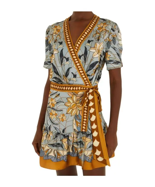 Farm Rio Stained Glass Beauty Wrap Mini Dress - Blue Grey
