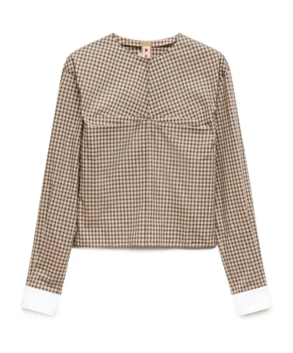 Marni Brown Checked Poplin Top With Ruched Front