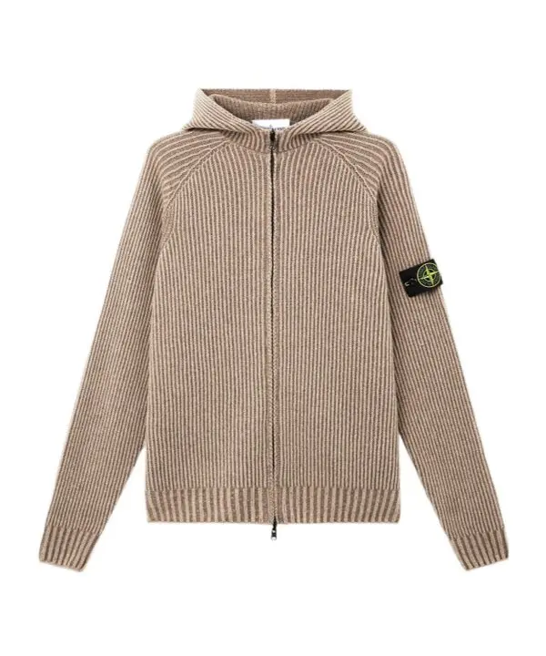 Stone Island Ribbed Zip-up Hooded Sweater - Biscuit
