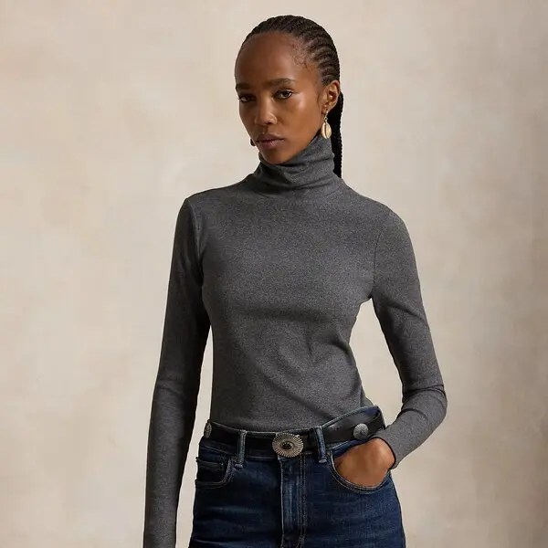 Ralph Lauren Stretch-cotton Ribbed Turtleneck - Medium Flannel Heather