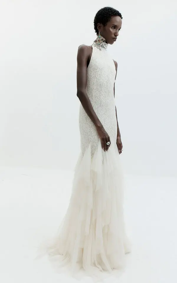 DE LA VALI Angelite High-neck Tulle Maxi Dress - Ivory